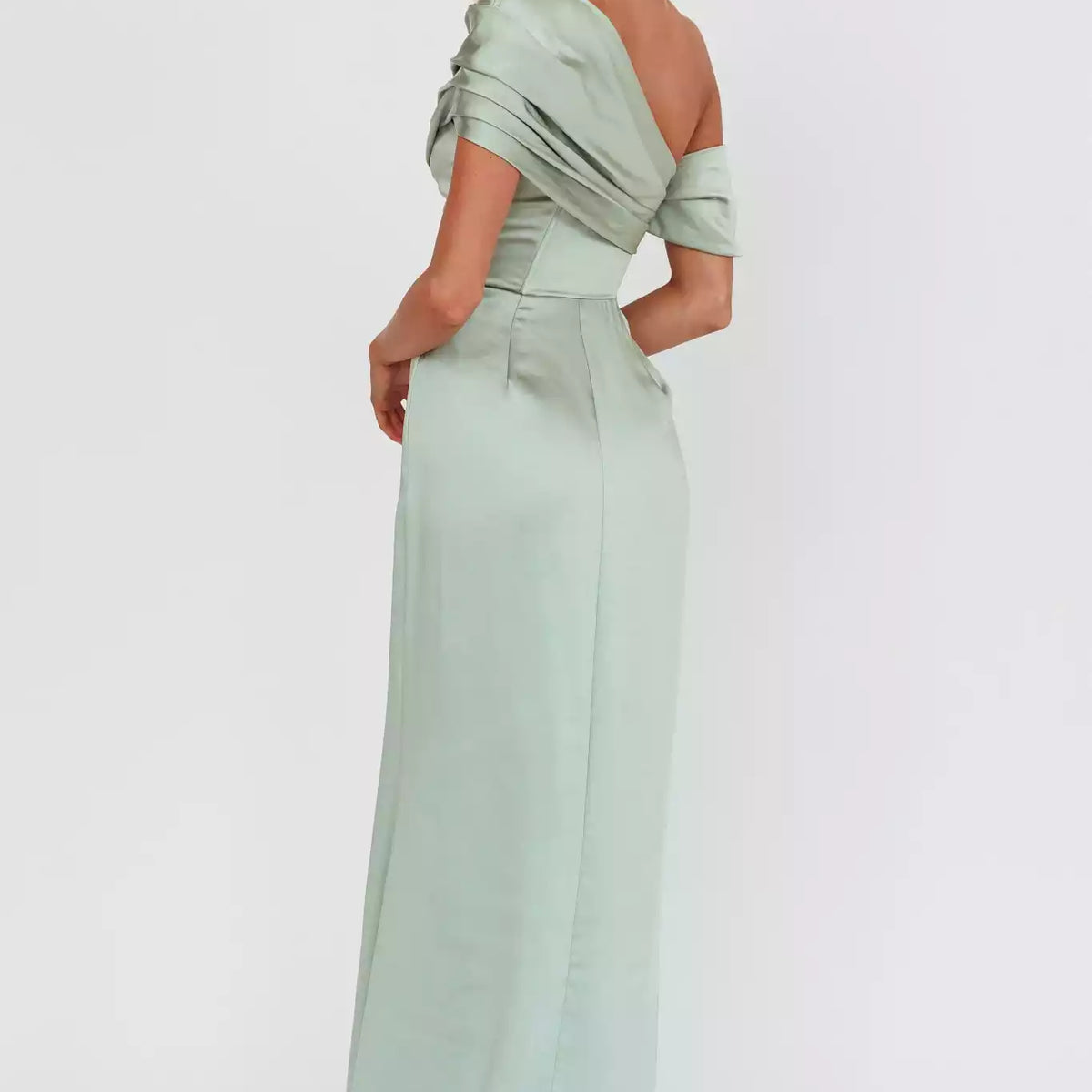 Gorgeous asymmetrical shoulder design with pleated details, side zippe ...