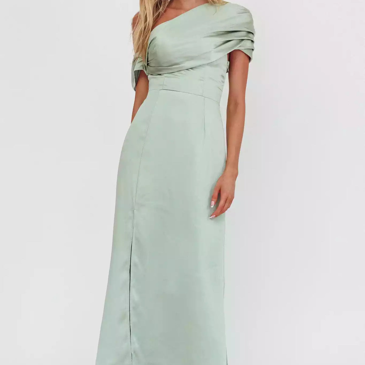 Gorgeous asymmetrical shoulder design with pleated details, side zippe ...